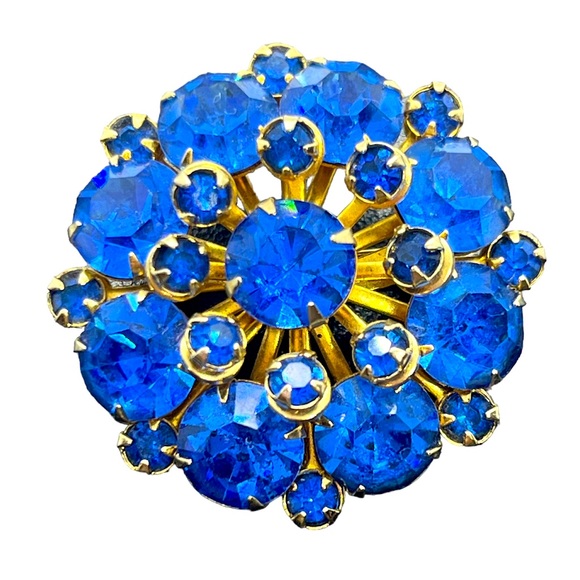 Jewelry | Vintage Gold Tone Cobalt Blue Rhinestone Round Brooch Pin ...
